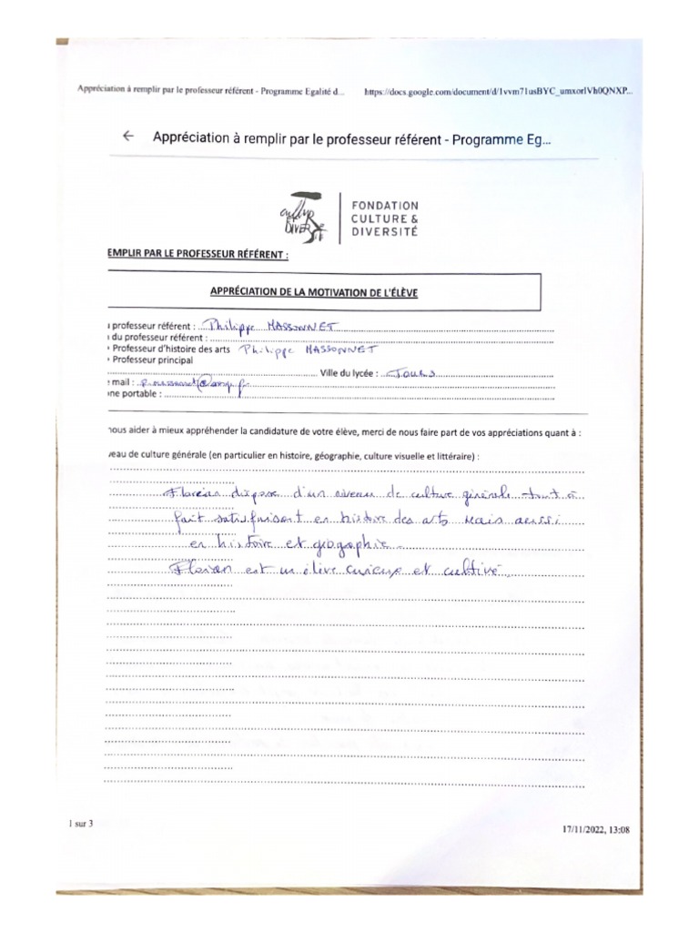 Appréciation À Remplir Par Le Professeur Référent - Programme Egalité D... | PDF