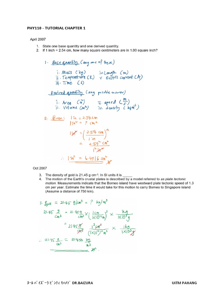 Phy110 Tutorial 1 - Chapter 1 (Answer Scheme) | PDF