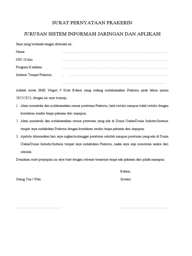 Surat Pernyataan Prakerin 2022-2023 | PDF | Karier & Perkembangan | Bisnis
