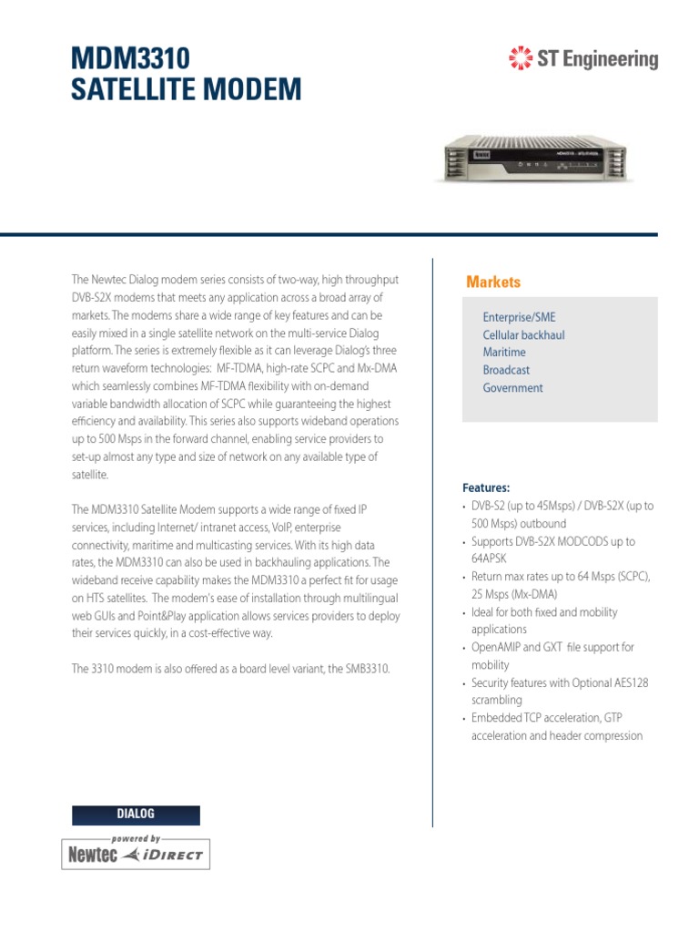 MDM3310 Satellite Modem Overview | PDF | Computer Network | Modem