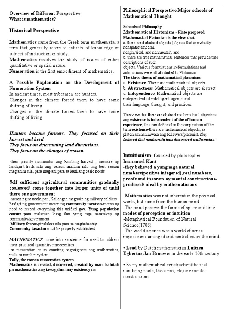 Overview of Major Philosophical Perspectives on Mathematics | PDF ...