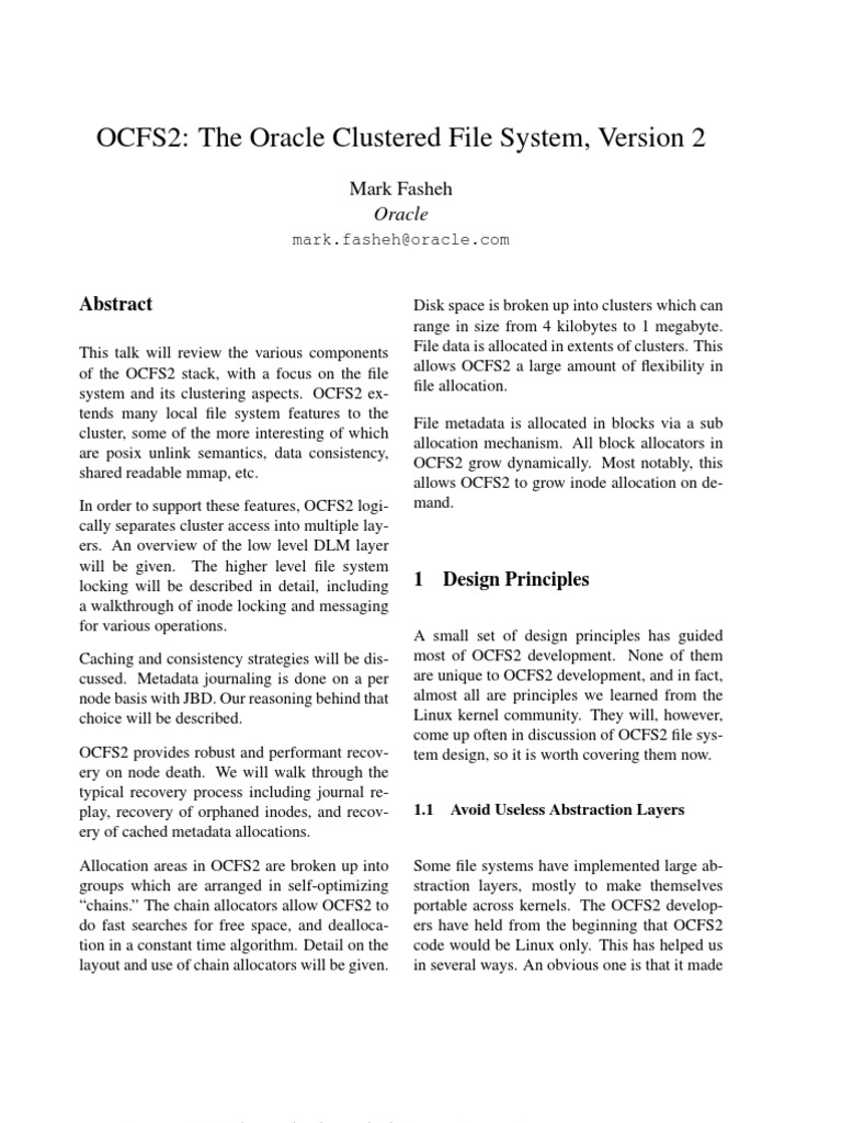 Ocfs2 The Oracle Clustered File System Version 2 Pdf File System