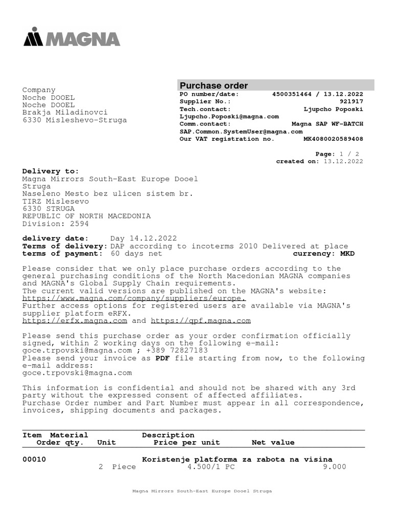 Purchase Order: Magna Mirrors South-East Europe Dooel Struga | PDF ...