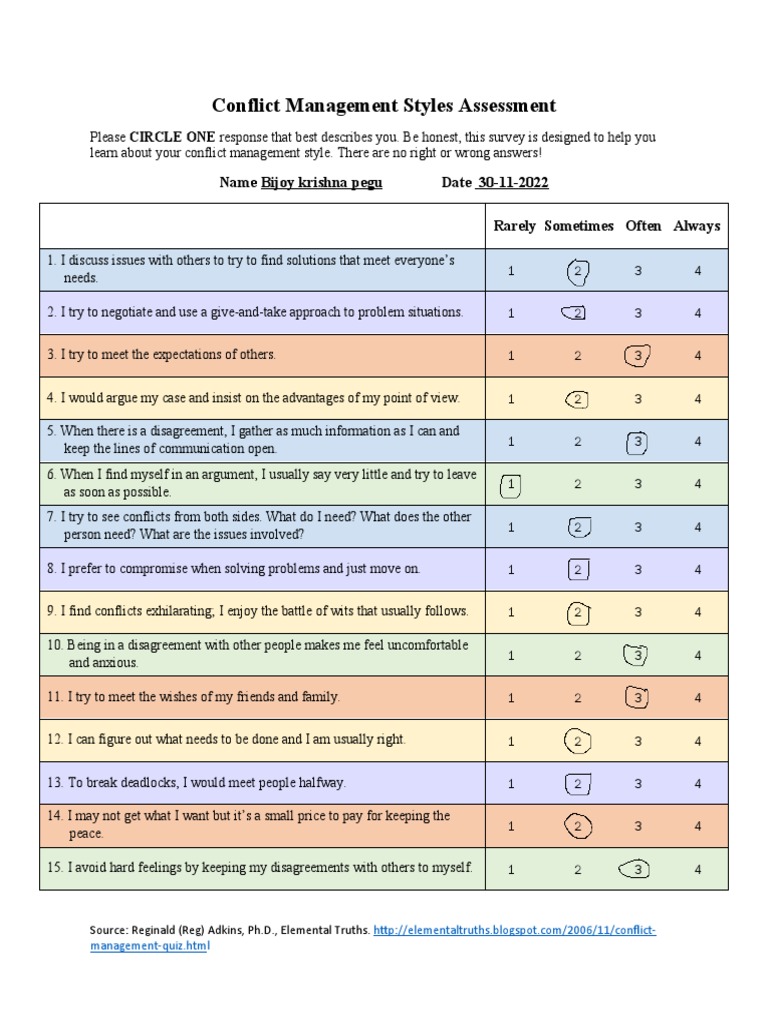 Conflict Management Styles Assessment | PDF | Goal | Social Psychology