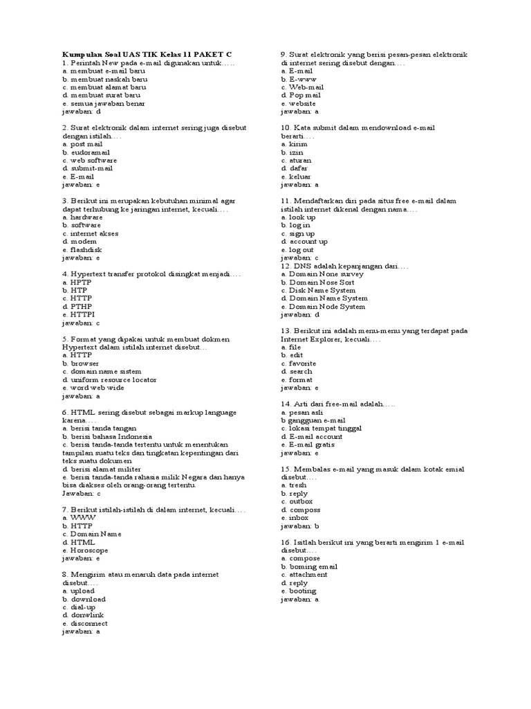 Kumpulan 45 Soal Uas Tik Kelas 11 Sma Ma Dan Kunci Jawabnya | PDF