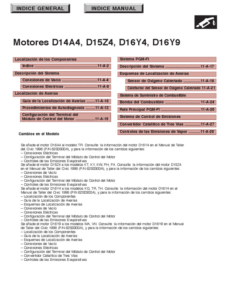 Motores D14A4, D15Z4, D16Y4, D16Y9: Indice General Indice Manual | PDF ...