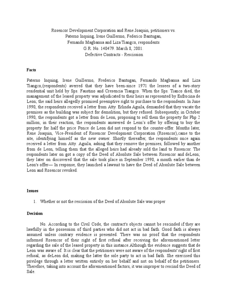 Case Digest - Defective Contracts | PDF | Law Of Obligations | Consent