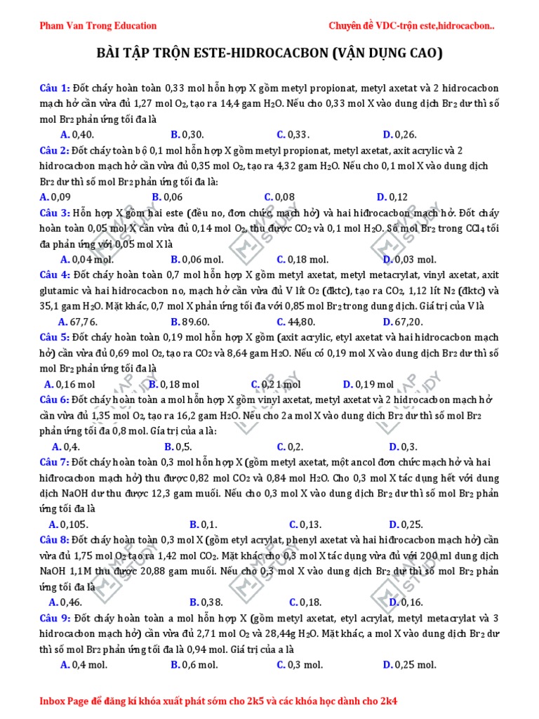 Bài Tập Vdc-trộng Este-hidrocacbon..-Đề (Phạm Văn Trọng) | PDF