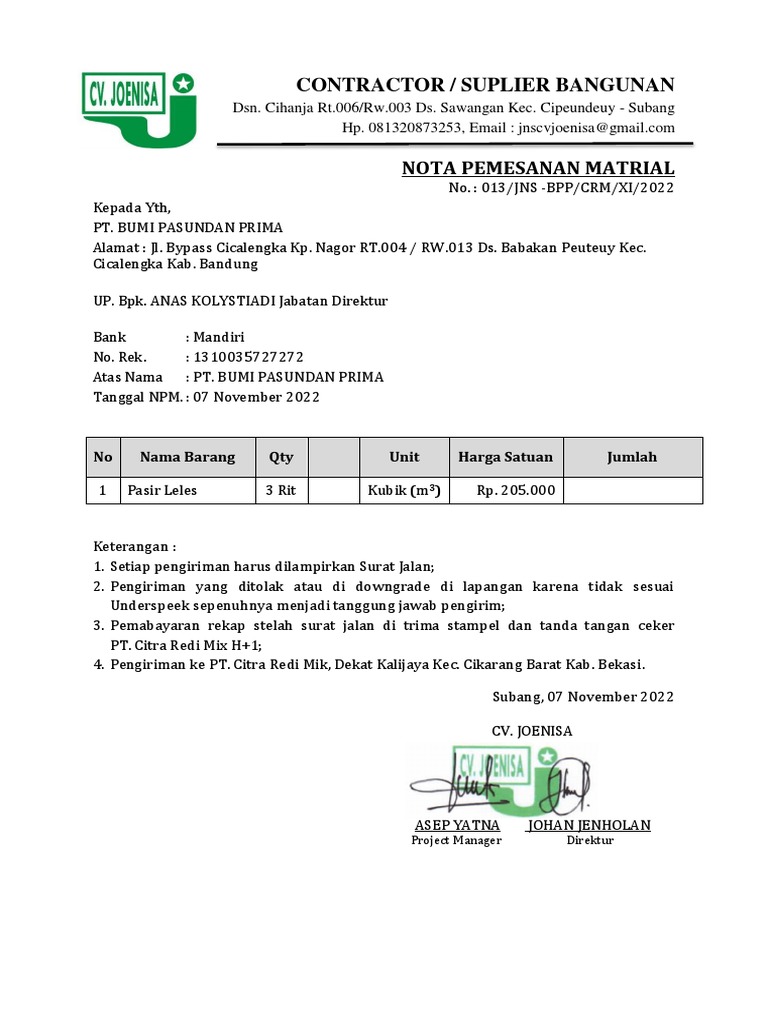 Nota Pemesanan Matrial | PDF