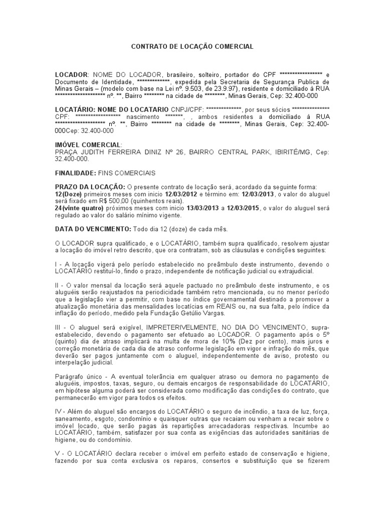 Contrato de locação comercial de imóvel para fins comerciais | PDF ...