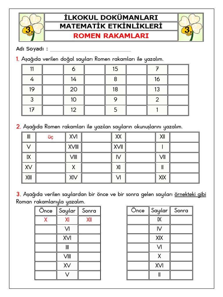 3 Sinif Romen Rakamlari Etkinlik | PDF