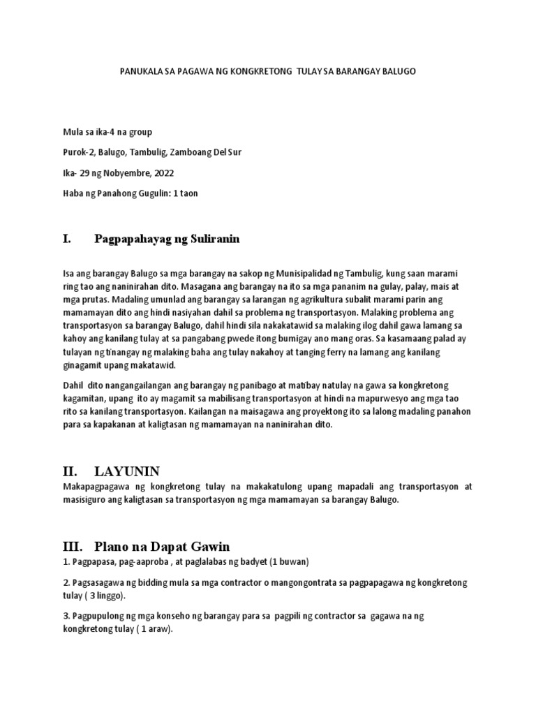 Panukala Sa Pagawa NG Tulay Sa Barangay Balugo | PDF