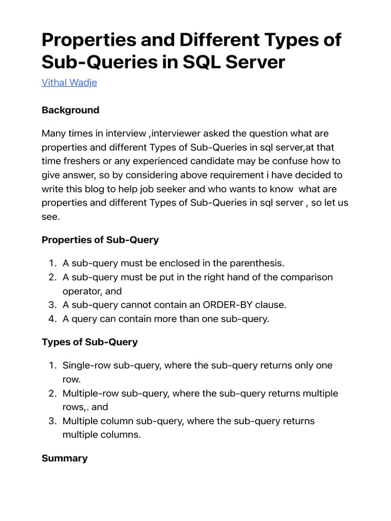 Properties and Different Types of Sub-Queries in SQL Server | PDF Properties and Different Types of Sub-Queries in SQL Server | PDF