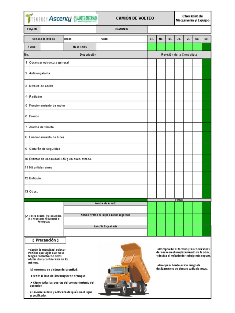 Checklist de Camión de Volteo Excel | PDF