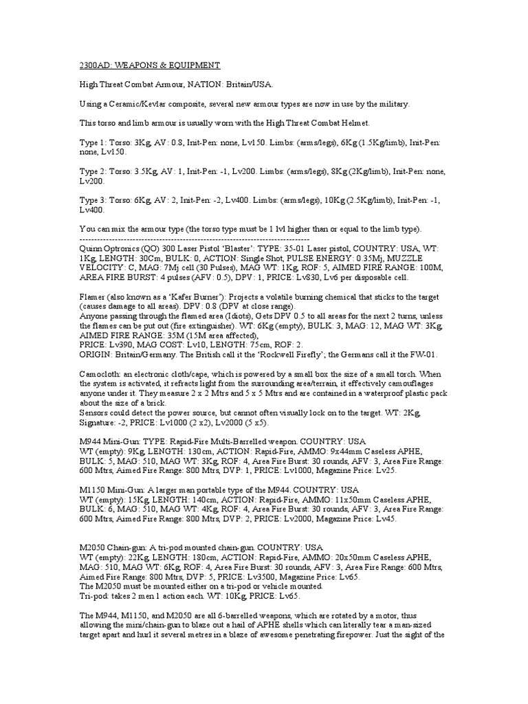 2300ad Weps and Equip | PDF | Armour | Projectile Weapons