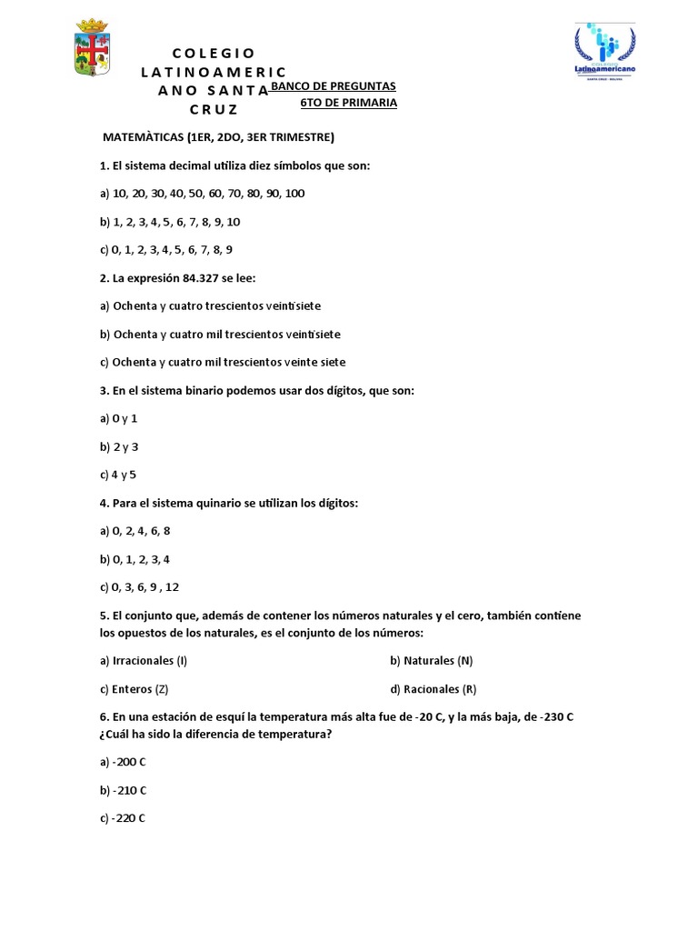 Banco de Preguntas 6to de Primaria | PDF