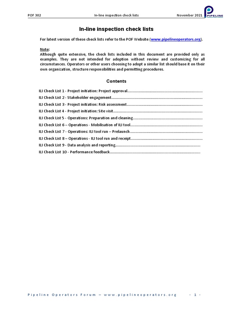 POF 302 ILI Checklists - Nov 2021 | PDF | Pipeline Transport