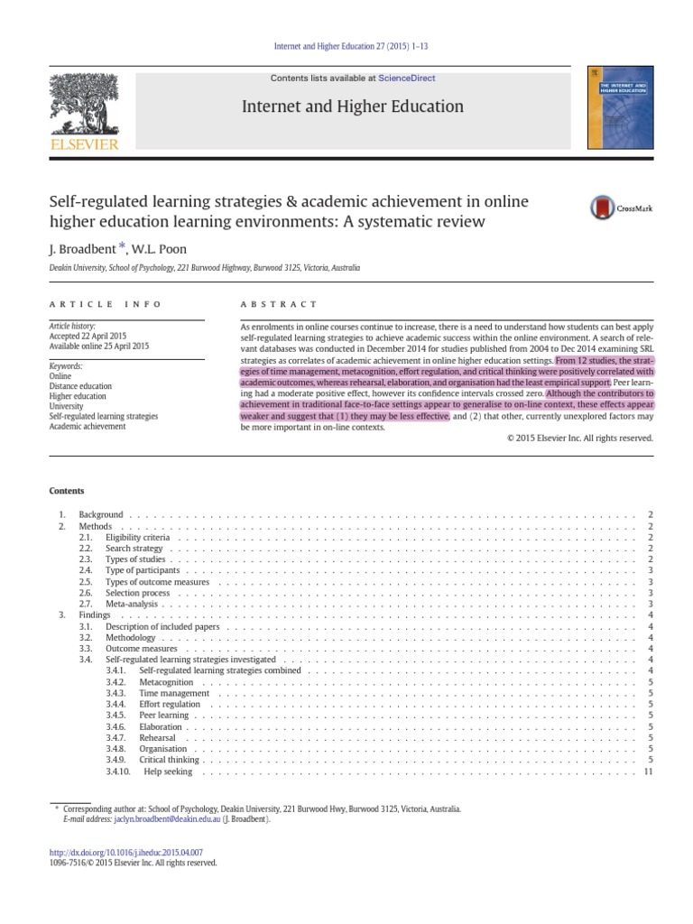 Broadbent & Poon, 2015 - Self-Regulated Learning Strategies and Academic Achievement in Online ...