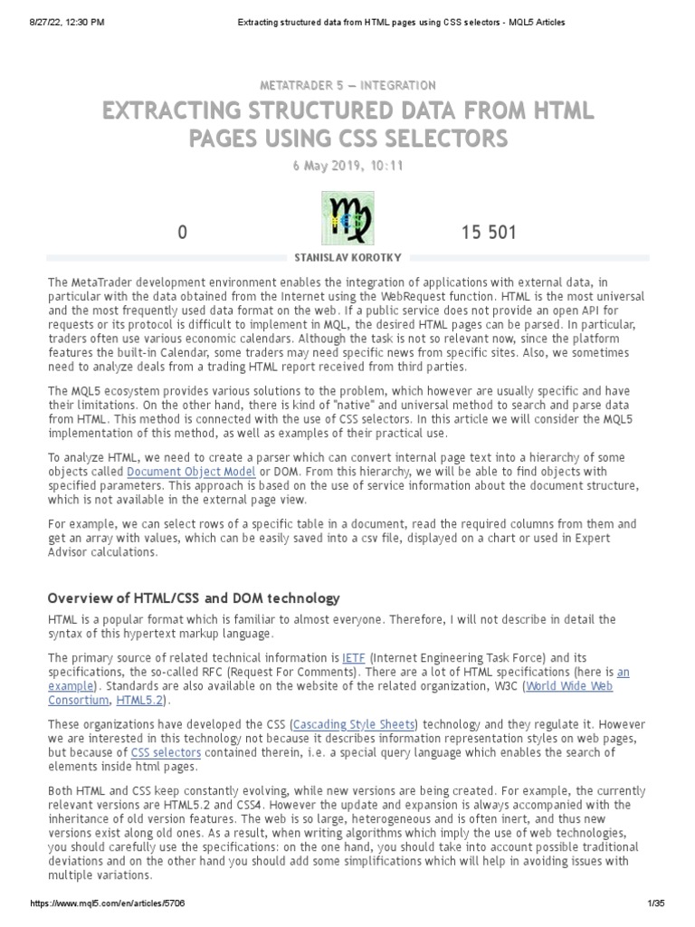Extracting Structured Data From Html Pages Using Css Selectors Mql5 Articles Pdf Html