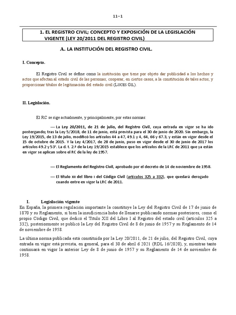 El Registro Civil Concepto Y Exposición de La Legislación Vigente (Ley 20/2011 Del Registro ...