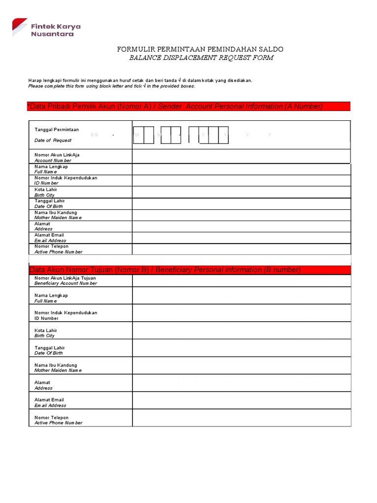Form Permintaan Pemindahan Dana Akun LinkAja | PDF