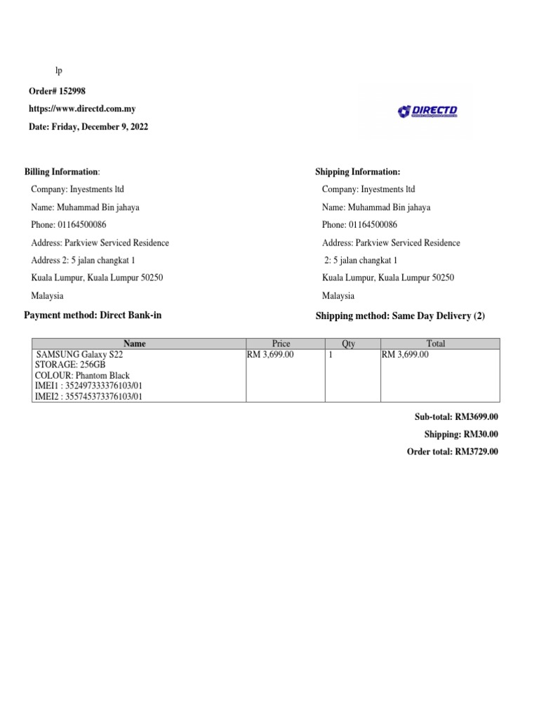 Direct D Invoice S22222 | PDF