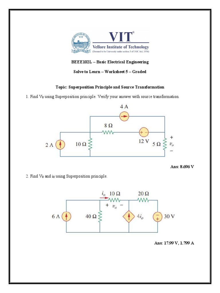 Superposition & Source Transformation Worksheet | PDF