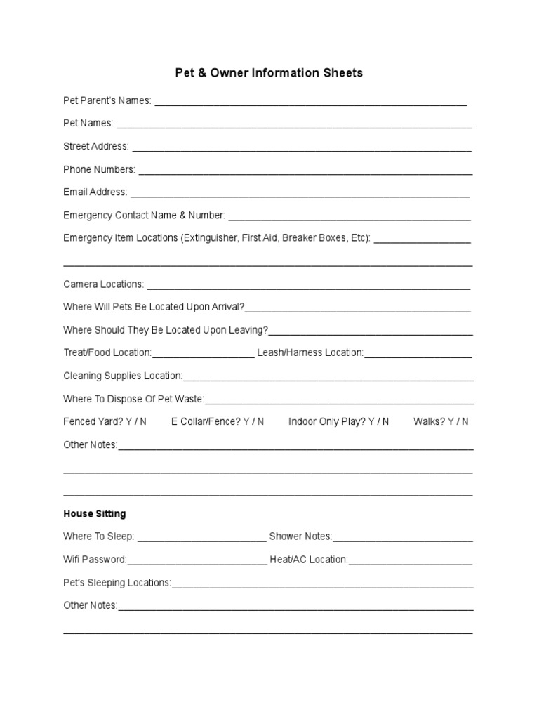 Pet Owner Info Sheet | PDF | Cats | Dogs