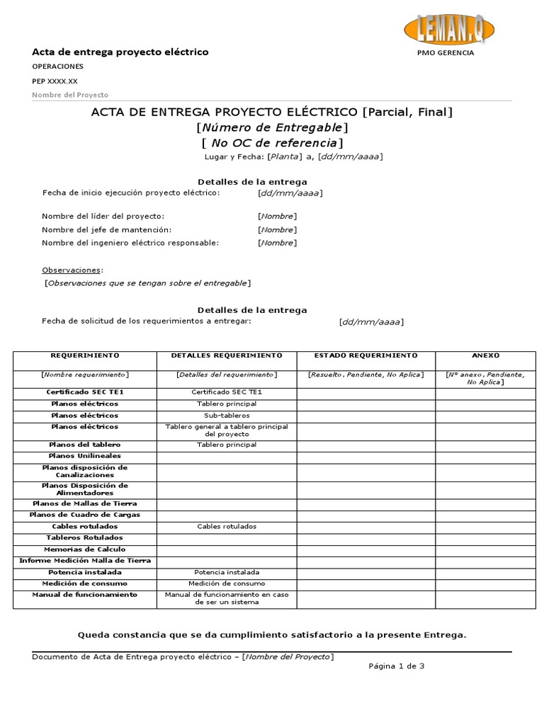 Acta Entrega Proyecto Eléctrico | PDF
