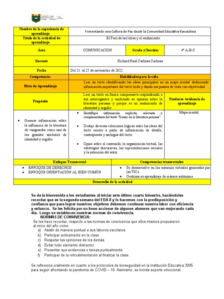 Act. 28 - 4° ABC - 2022 | PDF | Aprendizaje | Perú