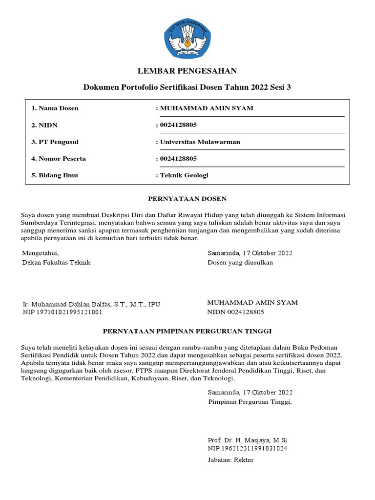 Lembar Pengesahan Dokumen Portofolio Sertifikasi Dosen Tahun 2022 Sesi ...