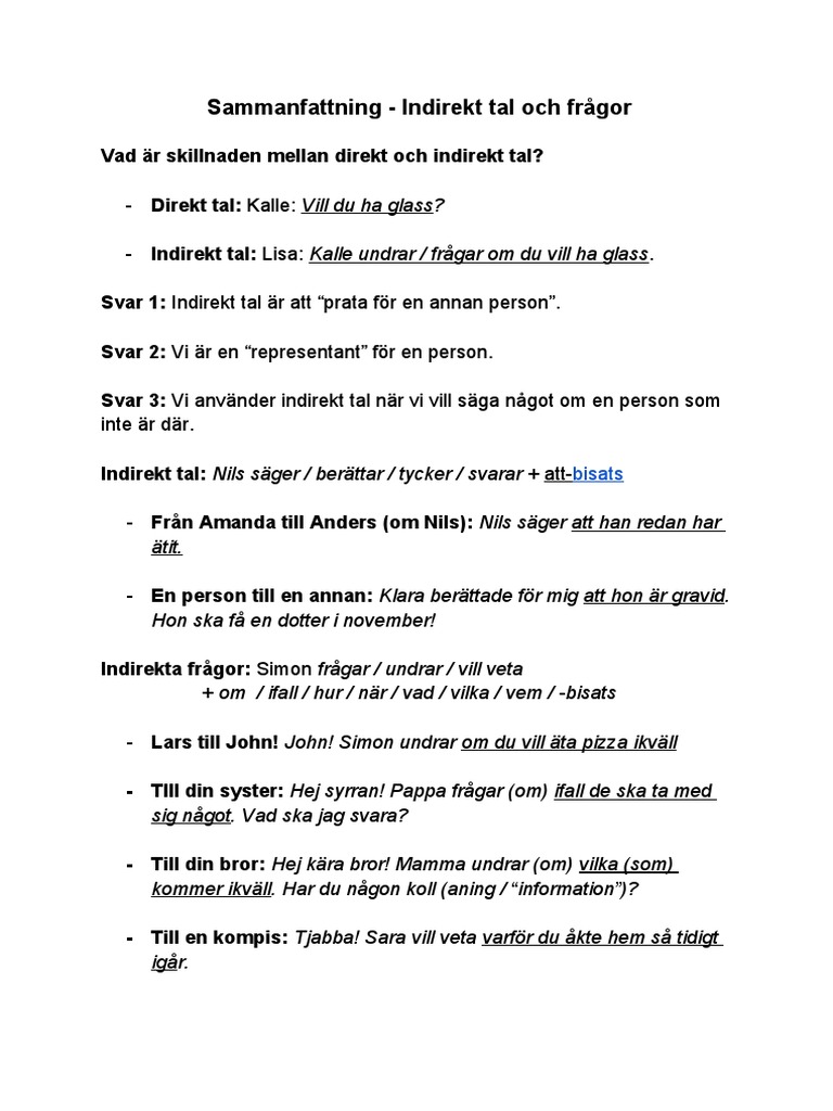 Sammanfattning - Indirekt Tal Och Frågor | PDF