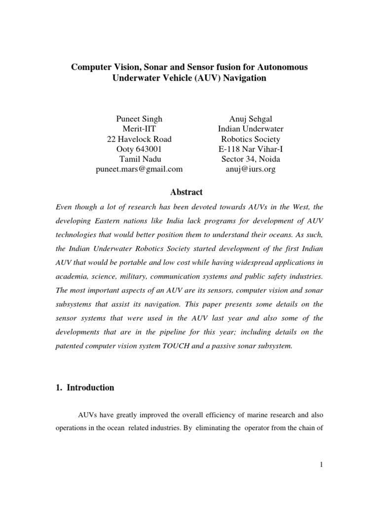 Computer Vision, Sonar and Sensor Fusion For Autonomous Underwater Vehicle (AUV) Navigation ...