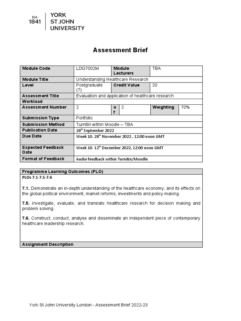 LDG7002M Assessment Brief (A2) 22-23 | PDF | Health Care | Knowledge