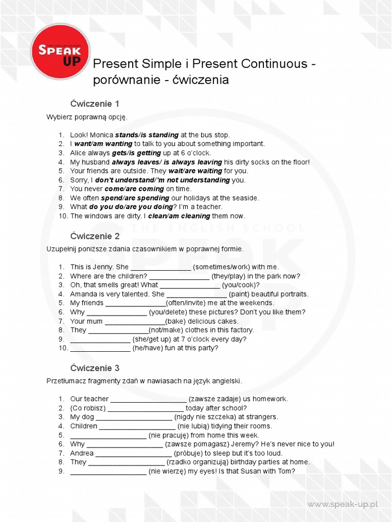 Cwiczenia Present Present Continuous Porownanie | PDF