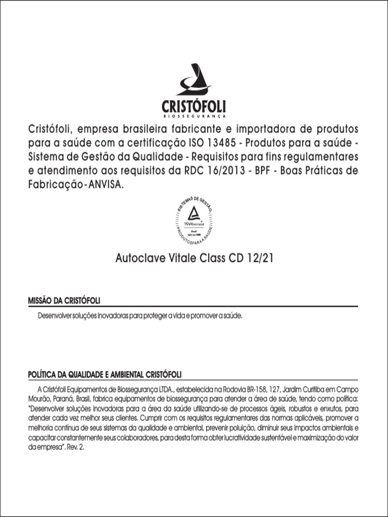 Manual de instruções da autoclave Vitale Class CD 12/21 da Cristófoli ...