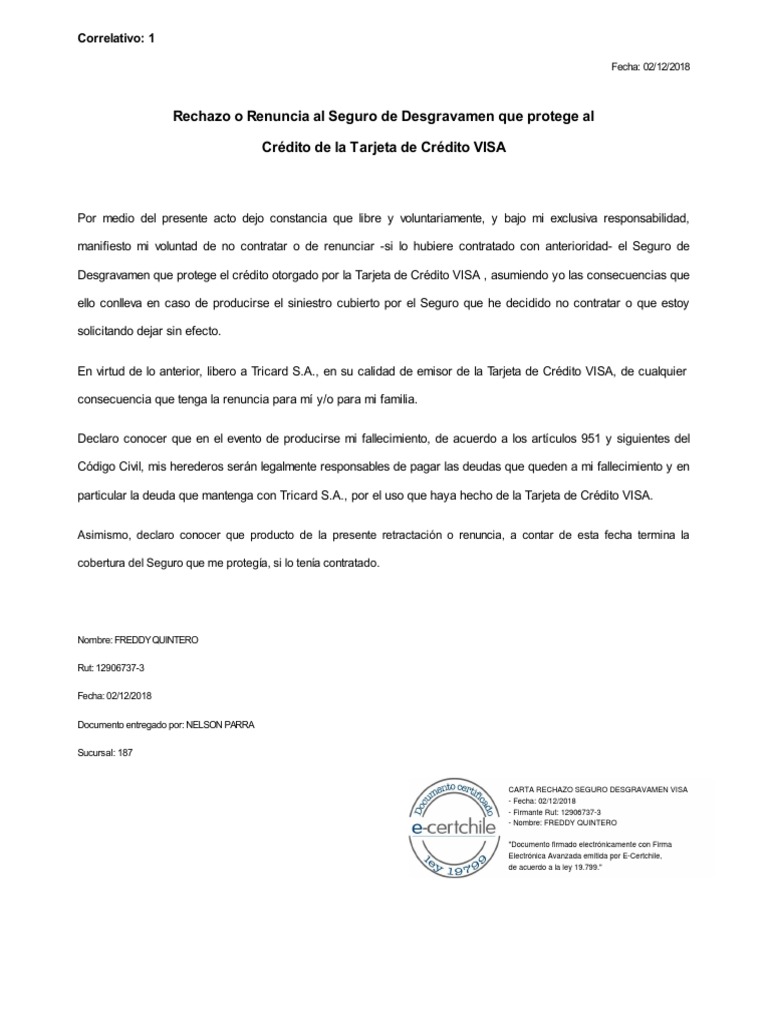 Carta Rechazo Seguro Desgravamen Visa | PDF