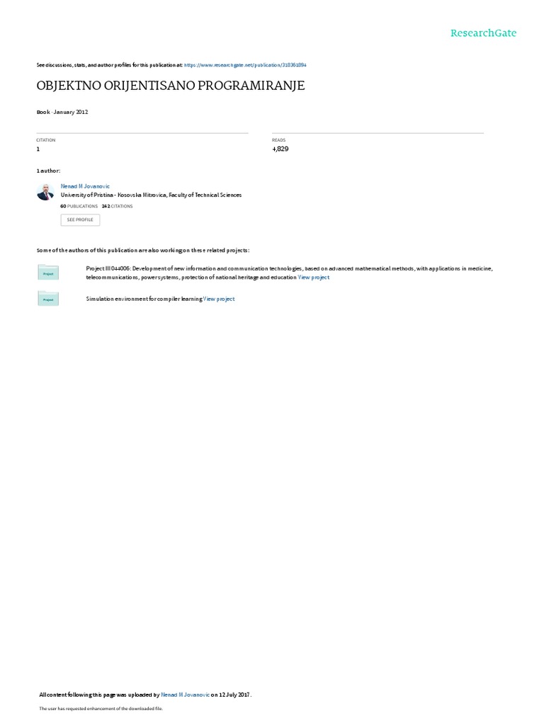 Objektno Orijentisano Programiranje: Nenad M Jovanovic | PDF