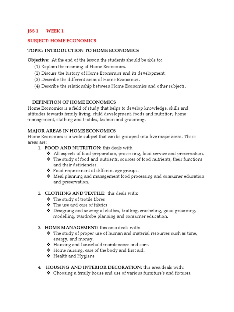 Jss Home Economics Week 1 Introduction To Home Economics 2021 | PDF ...