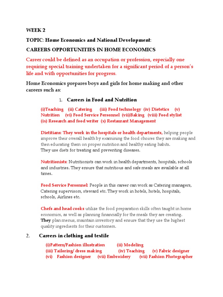 Careers in Home Economics for JSS1 | PDF | Dietitian | Nutrition