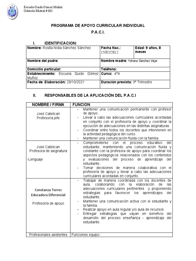 PACI Listo Rosita Sanchez | PDF | Maestros | Evaluación