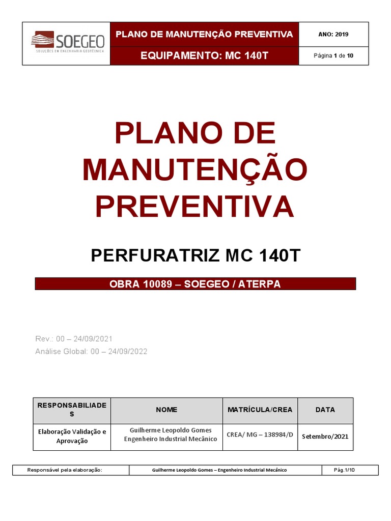 Plano Manut Preventiva - MC 140 | PDF | Engenharia | Engenharia Industrial