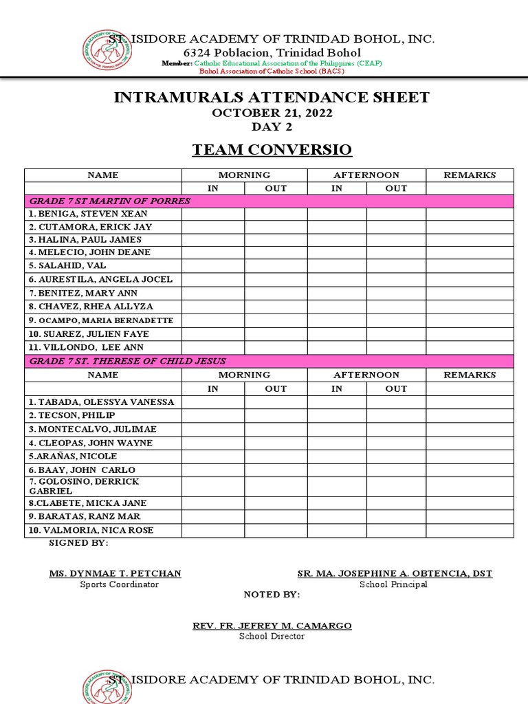 Intramurals Attendance Sheets | PDF | Catholic Church