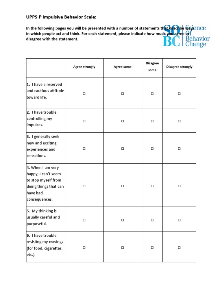 UPPS-P Impulsive Behavior Survey | PDF | Impulsivity | Mental Health