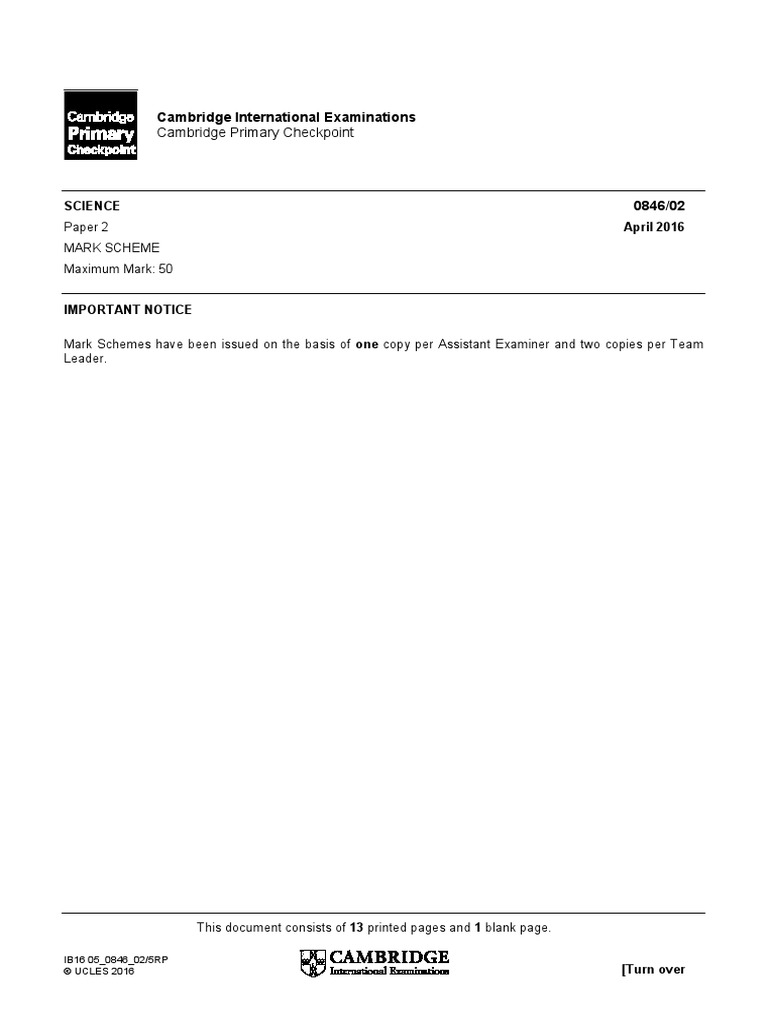 Primary Checkpoint Science 0846 April 2016 Paper 2 MS | PDF