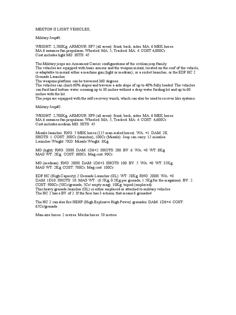 Mekton II Light Vehicles | PDF