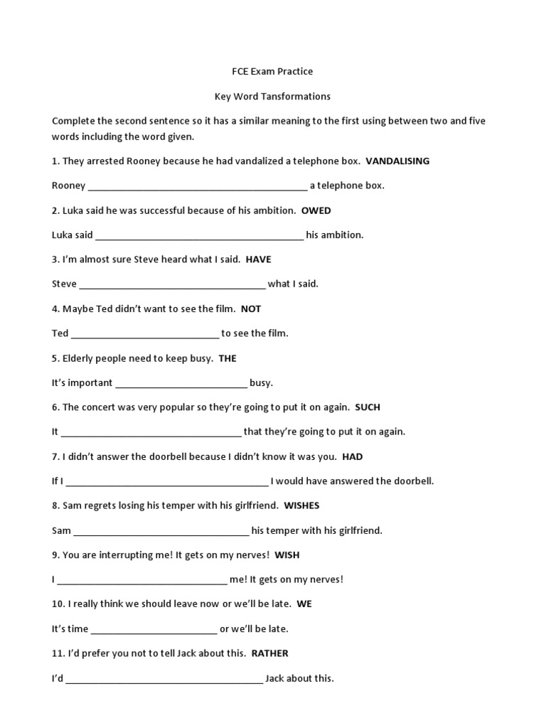 Fce Key Word Transformations 1 | PDF