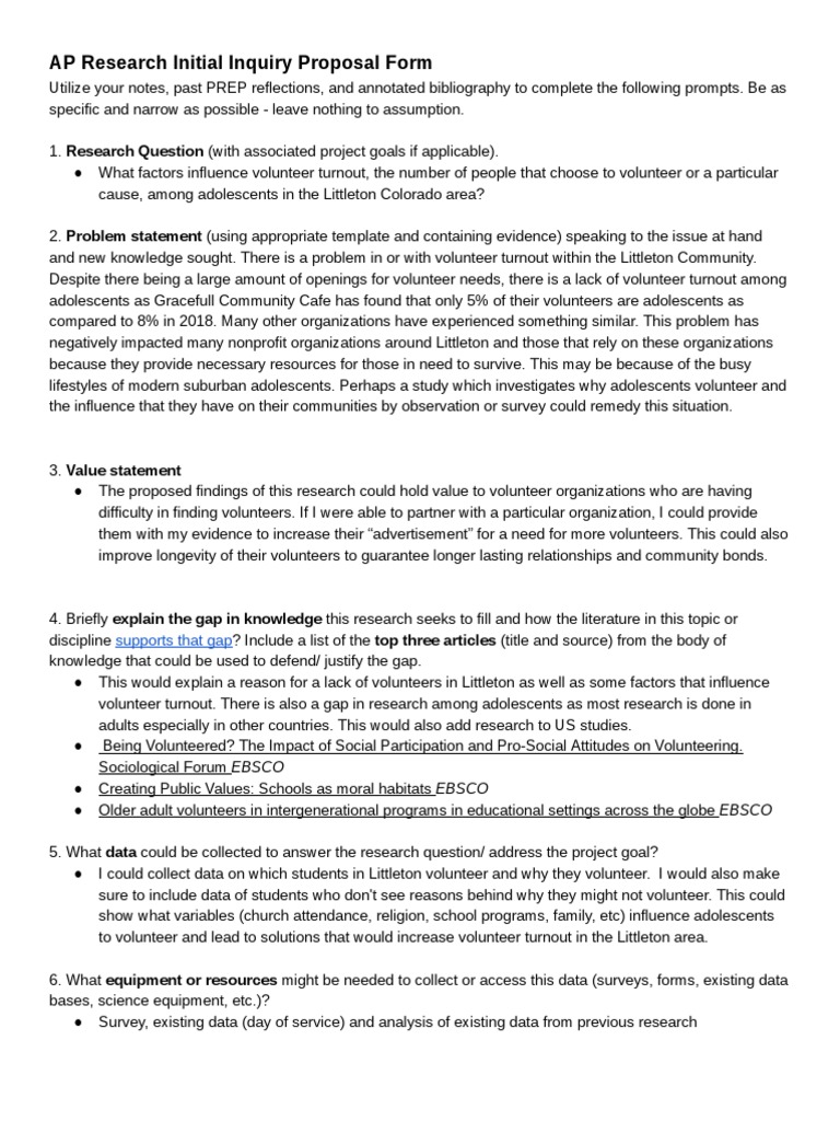 Reagan Horn - Ap Research Inquiry Proposal Form | PDF | Volunteering | Adolescence