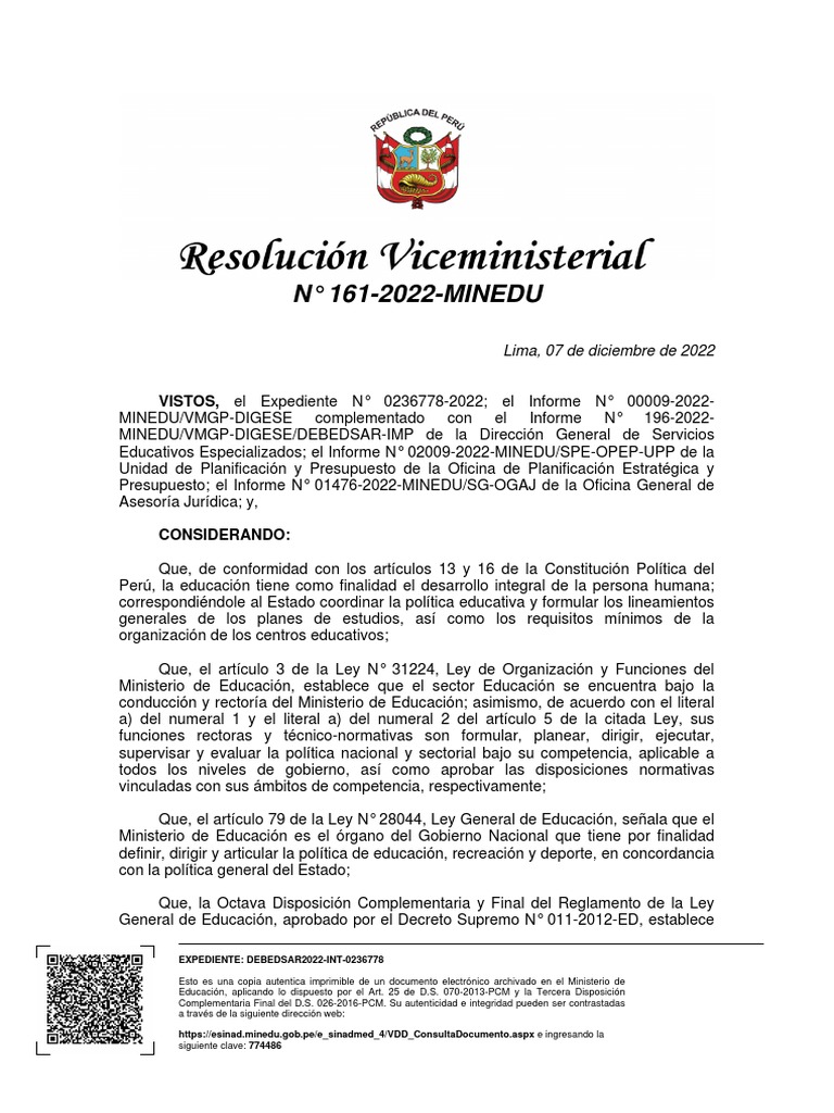 Resolucion Vice Ministerial 00161 2022 Minedu PDF | PDF | Ministerio (Departamento de Gobierno ...