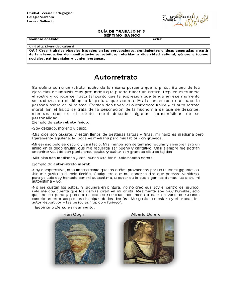 Guía Trabajo #3 Artes 7° Básico | PDF | Retrato | Pinturas